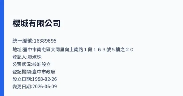 櫻城有限公司的照片-統編 16389695(臺中市) 公司登記資料與營業項目詳細圖表