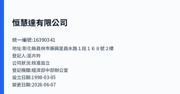 恒慧達有限公司的照片-統編 16390341(彰化縣) 公司登記資料與營業項目詳細圖表