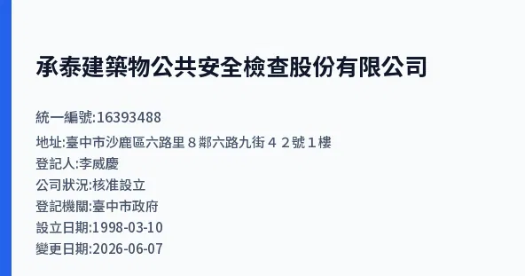 承泰建築物公共安全檢查股份有限公司的照片-統編 16393488(臺中市) 公司登記資料與營業項目詳細圖表
