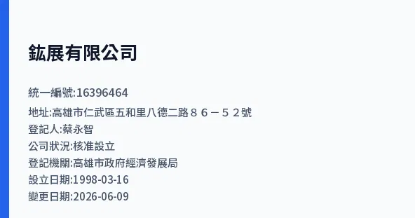 鈜展有限公司的照片-統編 16396464(高雄市) 公司登記資料與營業項目詳細圖表