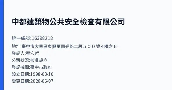 中都建築物公共安全檢查有限公司的照片-統編 16398218(臺中市) 公司登記資料與營業項目詳細圖表