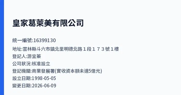 皇家葛萊美有限公司的照片-統編 16399130(雲林縣) 公司登記資料與營業項目詳細圖表