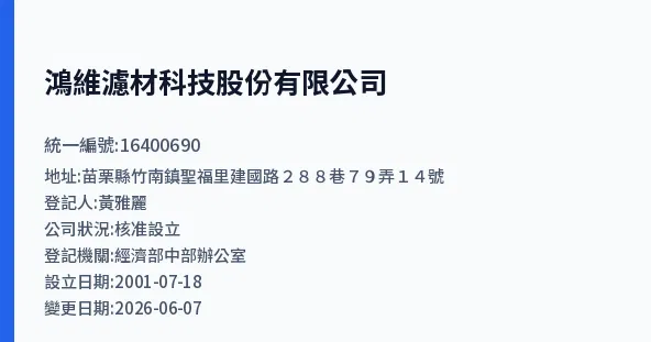 鴻維濾材科技股份有限公司的照片-統編 16400690(苗栗縣) 公司登記資料與營業項目詳細圖表
