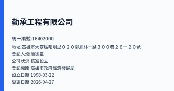 勤承工程有限公司的照片-統編 16402000(高雄市) 公司登記資料與營業項目詳細圖表