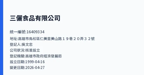 三儷食品有限公司的照片-統編 16409334(高雄市) 公司登記資料與營業項目詳細圖表