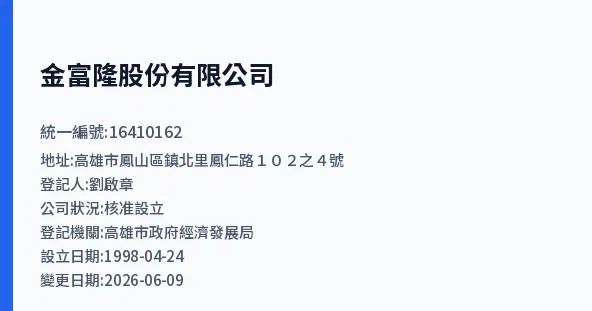 金富隆股份有限公司的照片-統編 16410162(高雄市) 公司登記資料與營業項目詳細圖表