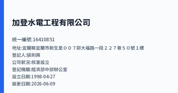 加登水電工程有限公司的照片-統編 16410851(宜蘭縣) 公司登記資料與營業項目詳細圖表