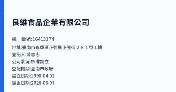良維食品企業有限公司的照片-統編 16413174(臺南市) 公司登記資料與營業項目詳細圖表