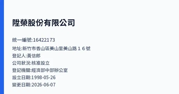 陞榮股份有限公司的照片-統編 16422173(新竹市) 公司登記資料與營業項目詳細圖表