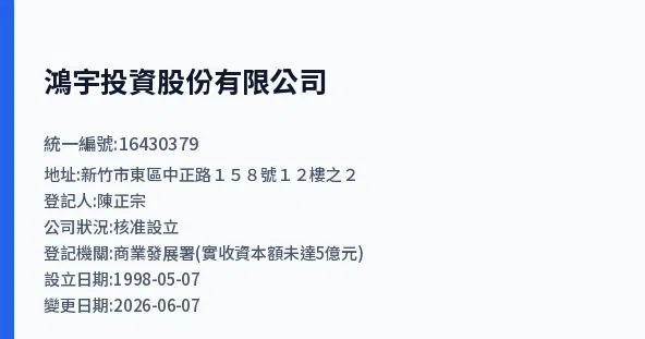 鴻宇投資股份有限公司的照片-統編 16430379(新竹市) 公司登記資料與營業項目詳細圖表
