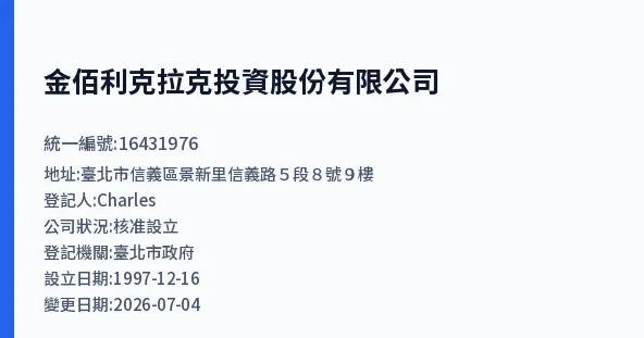 金佰利克拉克投資股份有限公司的照片-統編 16431976(臺北市) 公司登記資料與營業項目詳細圖表