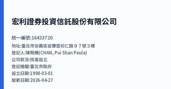 宏利證券投資信託股份有限公司的照片-統編 16433720(臺北市) 公司登記資料與營業項目詳細圖表