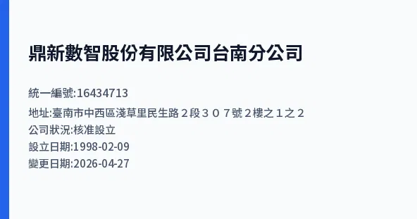 鼎新數智股份有限公司台南分公司的照片-統編 16434713(臺南市) 公司登記資料與營業項目詳細圖表