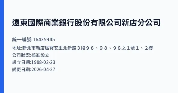 遠東國際商業銀行股份有限公司新店分公司的照片-統編 16435945(新北市) 公司登記資料與營業項目詳細圖表
