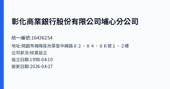 彰化商業銀行股份有限公司埔心分公司的照片-統編 16436254(桃園市) 公司登記資料與營業項目詳細圖表