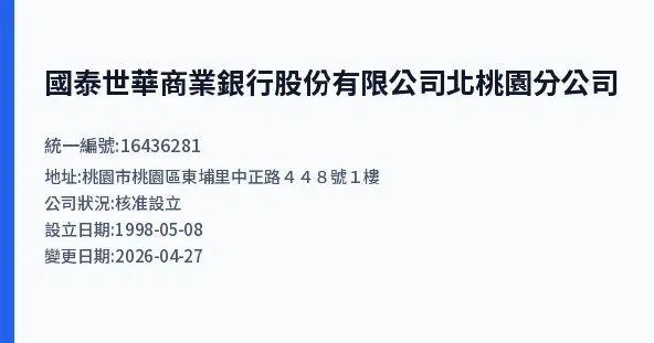 國泰世華商業銀行股份有限公司北桃園分公司的照片-統編 16436281(桃園市) 公司登記資料與營業項目詳細圖表