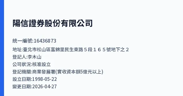 陽信證券股份有限公司的照片-統編 16436873(臺北市) 公司登記資料與營業項目詳細圖表
