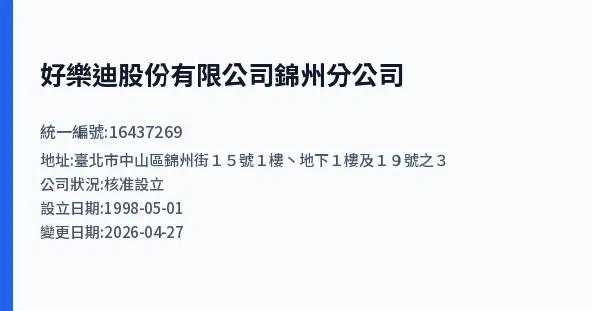 好樂迪股份有限公司錦州分公司的照片-統編 16437269(臺北市) 公司登記資料與營業項目詳細圖表