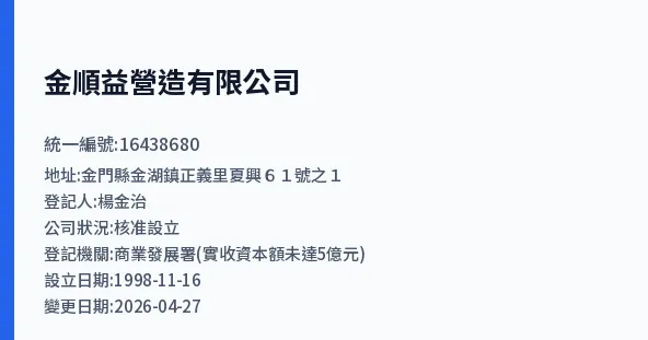 金順益營造有限公司的照片-統編 16438680(金門縣) 公司登記資料與營業項目詳細圖表