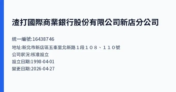 渣打國際商業銀行股份有限公司新店分公司的照片-統編 16438746(新北市) 公司登記資料與營業項目詳細圖表