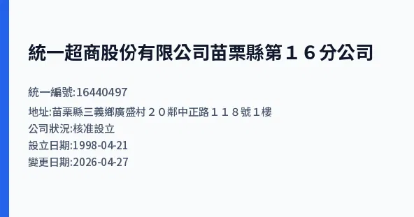 統一超商股份有限公司苗栗縣第16分公司的照片-統編 16440497(苗栗縣) 公司登記資料與營業項目詳細圖表
