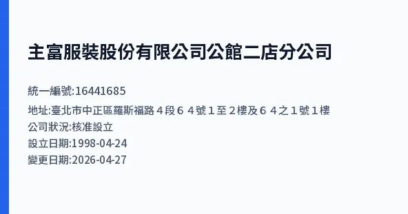 主富服裝股份有限公司公館二店分公司的照片-統編 16441685(臺北市) 公司登記資料與營業項目詳細圖表