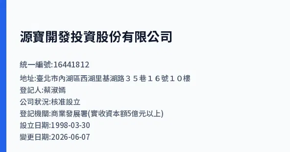 源寶開發投資股份有限公司的照片-統編 16441812(臺北市) 公司登記資料與營業項目詳細圖表
