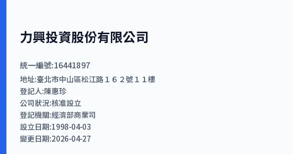 力興投資股份有限公司的照片-統編 16441897(臺北市) 公司登記資料與營業項目詳細圖表