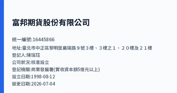 富邦期貨股份有限公司的照片-統編 16445866(臺北市) 公司登記資料與營業項目詳細圖表