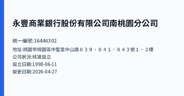 永豐商業銀行股份有限公司南桃園分公司的照片-統編 16446302(桃園市) 公司登記資料與營業項目詳細圖表