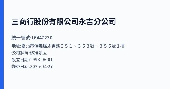 三商行股份有限公司永吉分公司的照片-統編 16447230(臺北市) 公司登記資料與營業項目詳細圖表