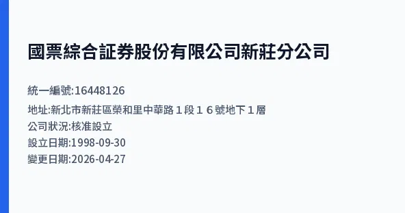 國票綜合証券股份有限公司新莊分公司的照片-統編 16448126(新北市) 公司登記資料與營業項目詳細圖表