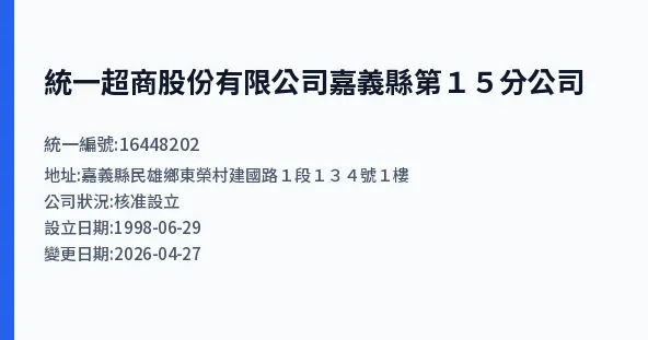 統一超商股份有限公司嘉義縣第15分公司的照片-統編 16448202(嘉義縣) 公司登記資料與營業項目詳細圖表