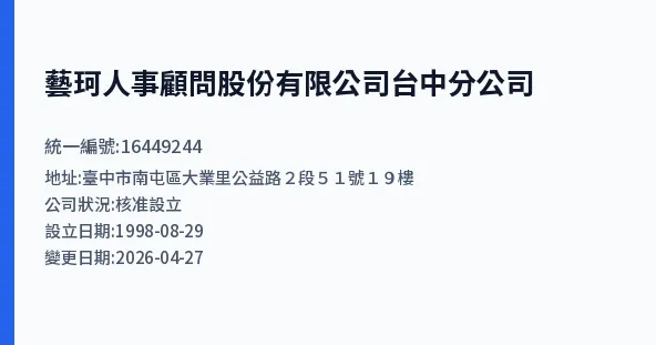 藝珂人事顧問股份有限公司台中分公司的照片-統編 16449244(臺中市) 公司登記資料與營業項目詳細圖表