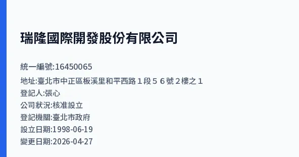 瑞隆國際開發股份有限公司的照片-統編 16450065(臺北市) 公司登記資料與營業項目詳細圖表