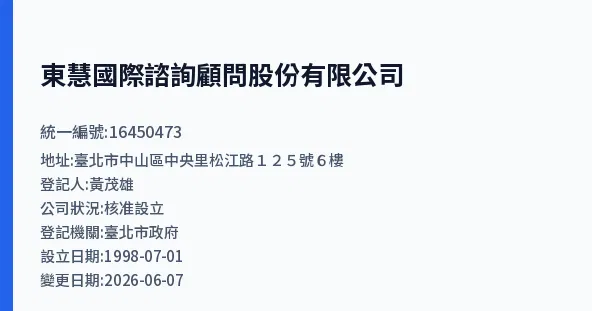 東慧國際諮詢顧問股份有限公司的照片-統編 16450473(臺北市) 公司登記資料與營業項目詳細圖表