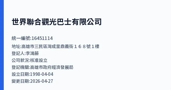 世界聯合觀光巴士有限公司的照片-統編 16451114(高雄市) 公司登記資料與營業項目詳細圖表