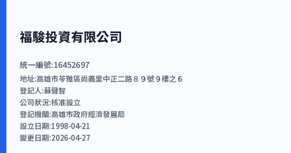 福駿投資有限公司的照片-統編 16452697(高雄市) 公司登記資料與營業項目詳細圖表