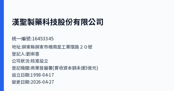 漢聖製藥科技股份有限公司的照片-統編 16453345(屏東縣) 公司登記資料與營業項目詳細圖表