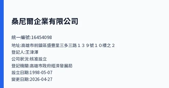 桑尼爾企業有限公司的照片-統編 16454098(高雄市) 公司登記資料與營業項目詳細圖表