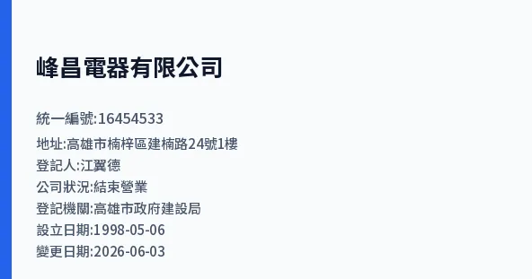 峰昌電器有限公司的照片-統編 16454533(高雄市) 公司登記資料與營業項目詳細圖表