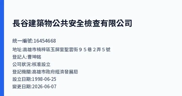 長谷建築物公共安全檢查有限公司的照片-統編 16454668(高雄市) 公司登記資料與營業項目詳細圖表