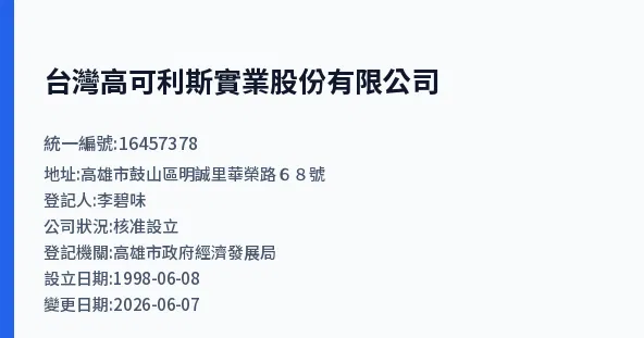 台灣高可利斯實業股份有限公司的照片-統編 16457378(高雄市) 公司登記資料與營業項目詳細圖表