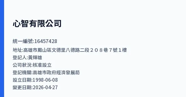 心智有限公司的照片-統編 16457428(高雄市) 公司登記資料與營業項目詳細圖表