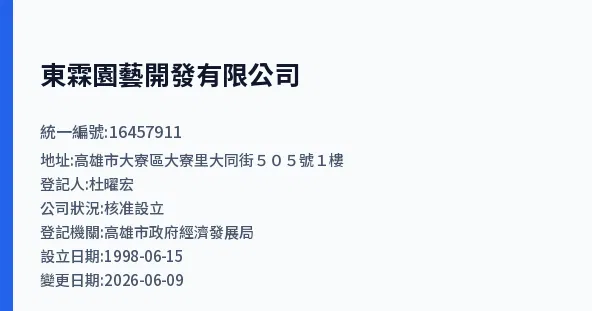 東霖園藝開發有限公司的照片-統編 16457911(高雄市) 公司登記資料與營業項目詳細圖表