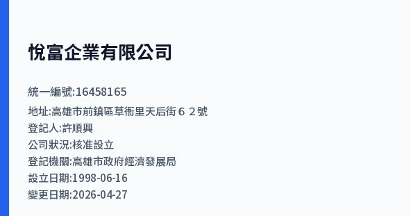 悅富企業有限公司的照片-統編 16458165(高雄市) 公司登記資料與營業項目詳細圖表