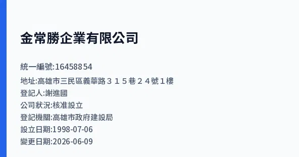 金常勝企業有限公司的照片-統編 16458854(高雄市) 公司登記資料與營業項目詳細圖表