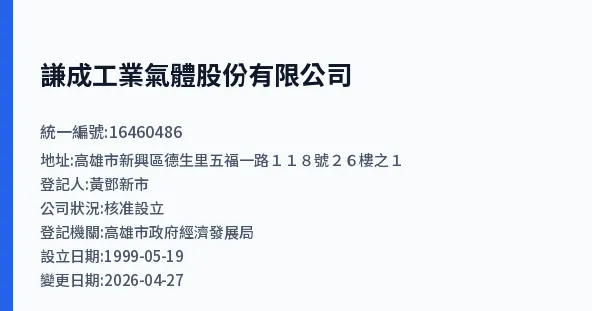 謙成工業氣體股份有限公司的照片-統編 16460486(高雄市) 公司登記資料與營業項目詳細圖表
