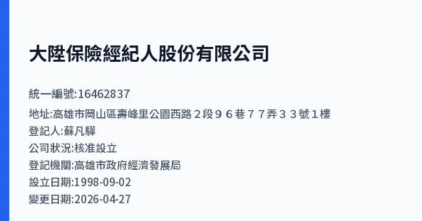 大陞保險經紀人股份有限公司的照片-統編 16462837(高雄市) 公司登記資料與營業項目詳細圖表