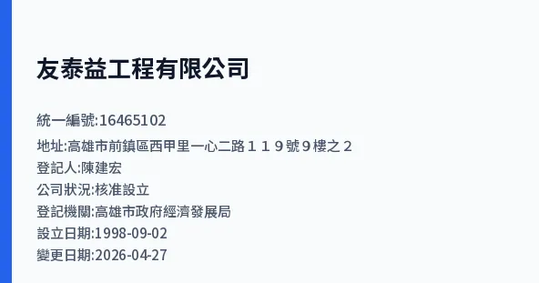友泰益工程有限公司的照片-統編 16465102(高雄市) 公司登記資料與營業項目詳細圖表